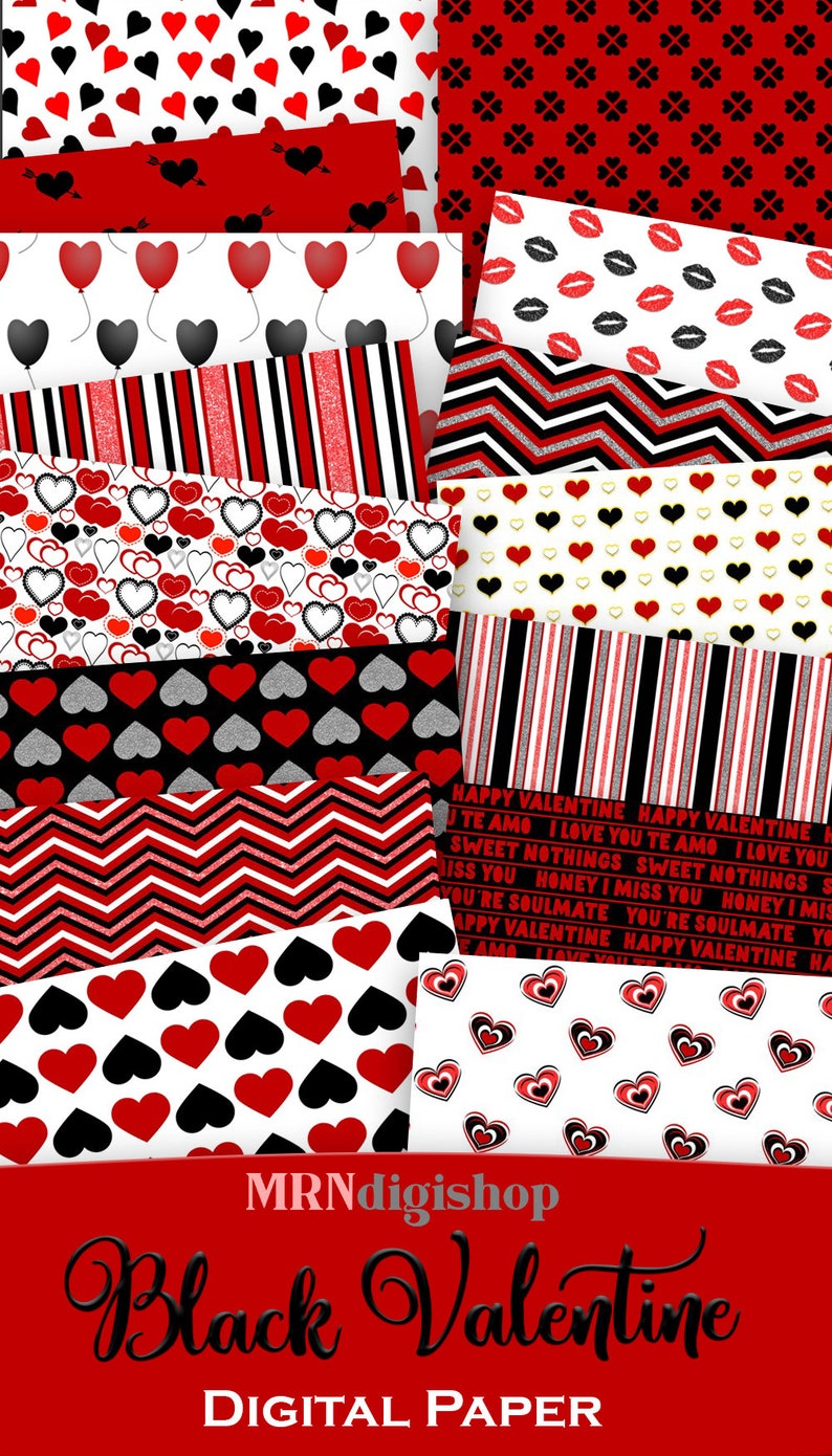 Valentine Digital Paper Black Hearts Happy Valentines Sweet - Etsy