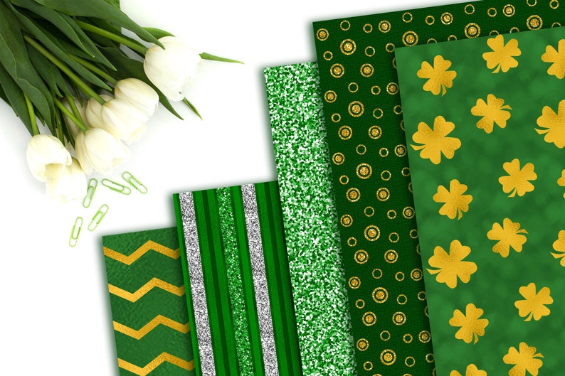 St. Patrick's Day Digital Paper, Scrapbooking, Shamrock, Gold and Green ...