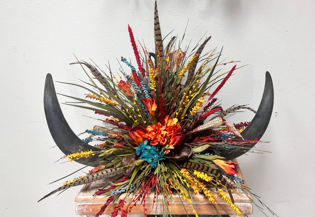 Rust/turquoise Steer Horn Centerpiece Floral Arrangement, Rustic Double ...