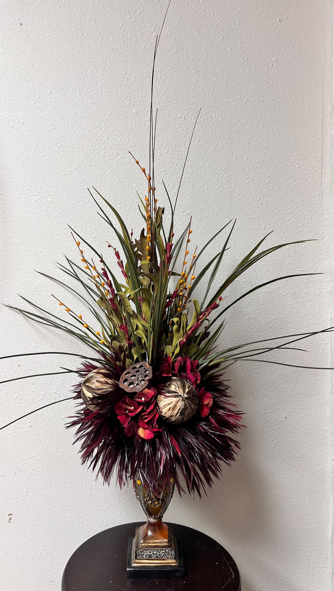 Burgundy and Gold Candlestick Floral Arrangement, Candlestick Floral ...