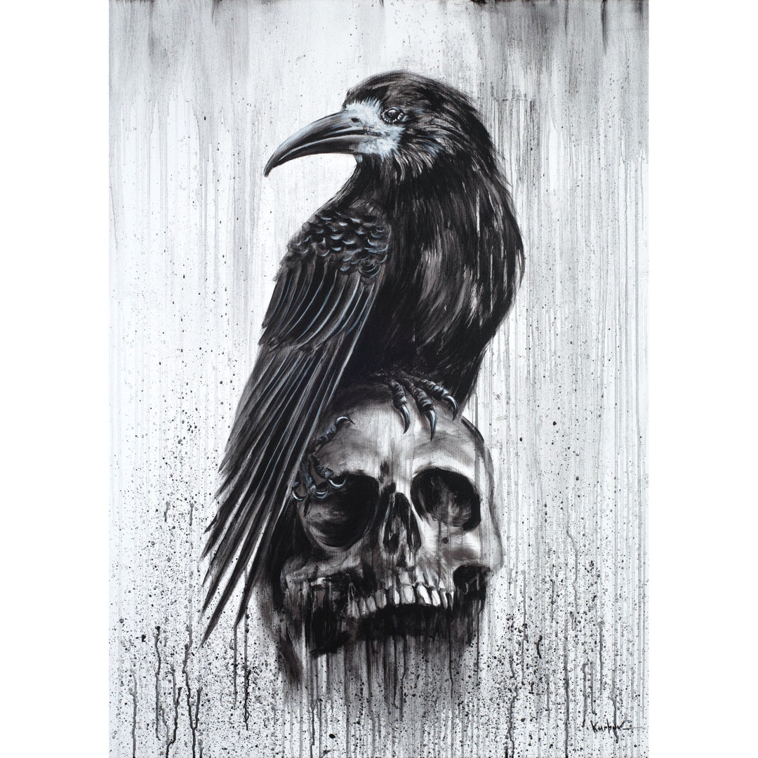 40x28 Original Canvas Painting - Gawron on Skull, Handmade Acrylic Oil ...
