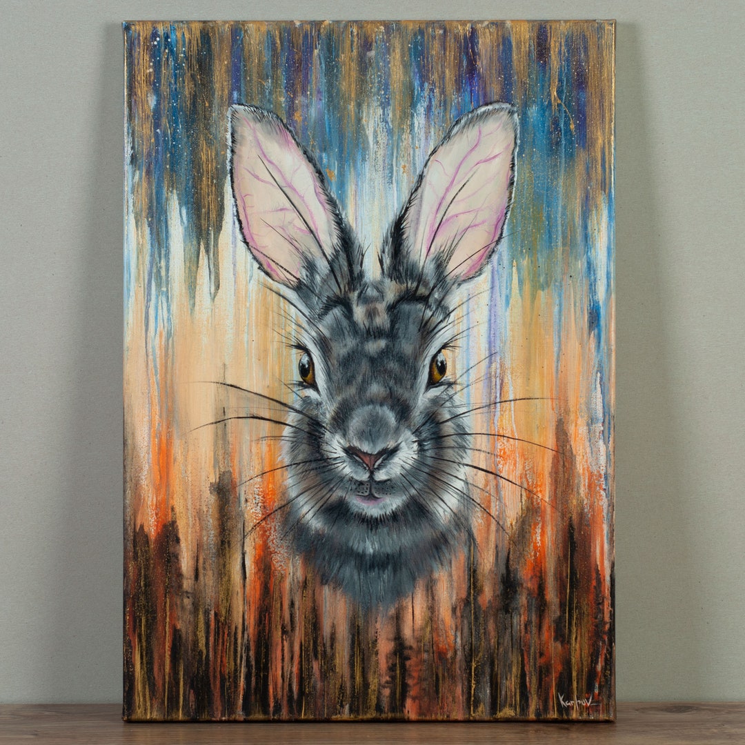 Original Oil Painting - Rabbit Head, Handmade Canvas Acrylic Cute Bunny ...