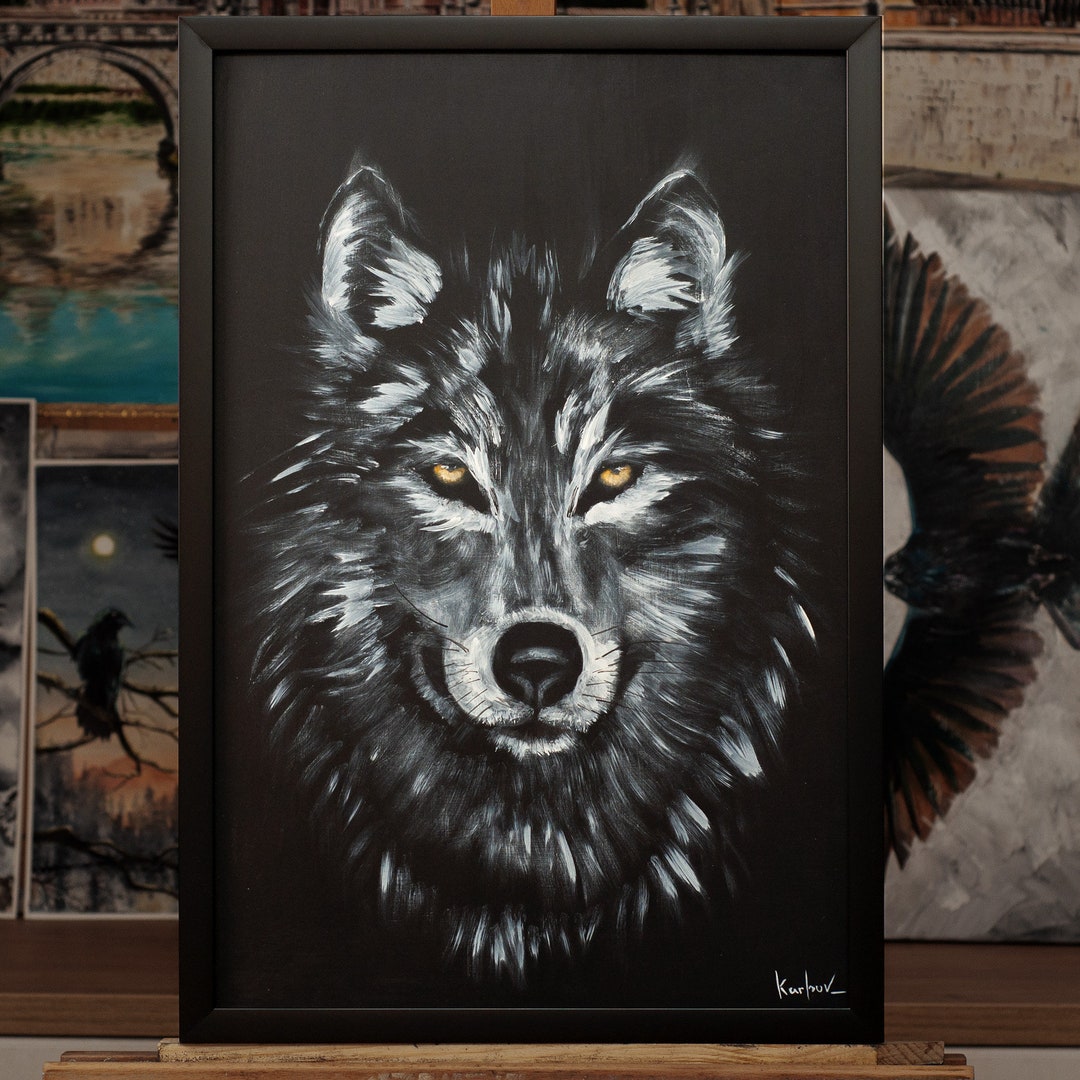 Wolf Portrait Original Framed Acrylic Painting, Wild Animal Wall Art ...