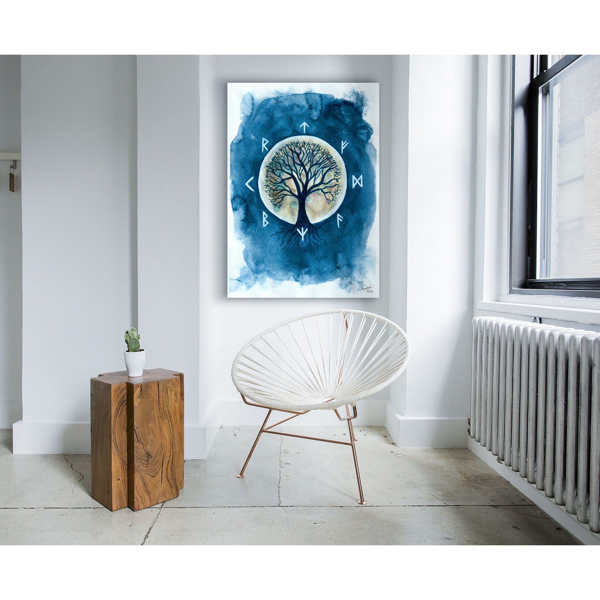 Rune Circle Full Moon Tree of Life Art Print Watercolor - Etsy