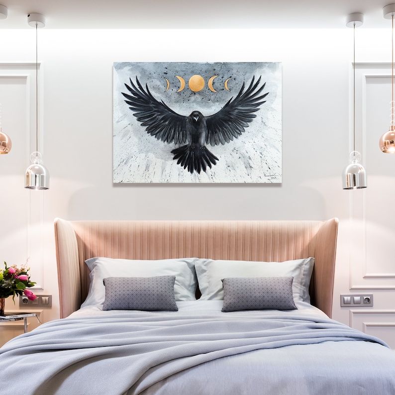 Black Raven & Golden Moon Phases Art Print Flying Raven - Etsy