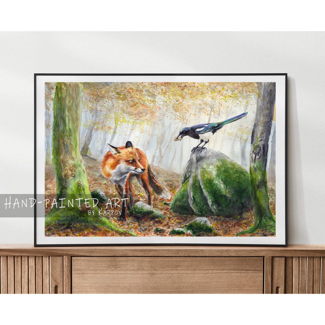 Red Fox & Magpie - Paper Art Print From Hand-paintd Watercolor Artwork ...