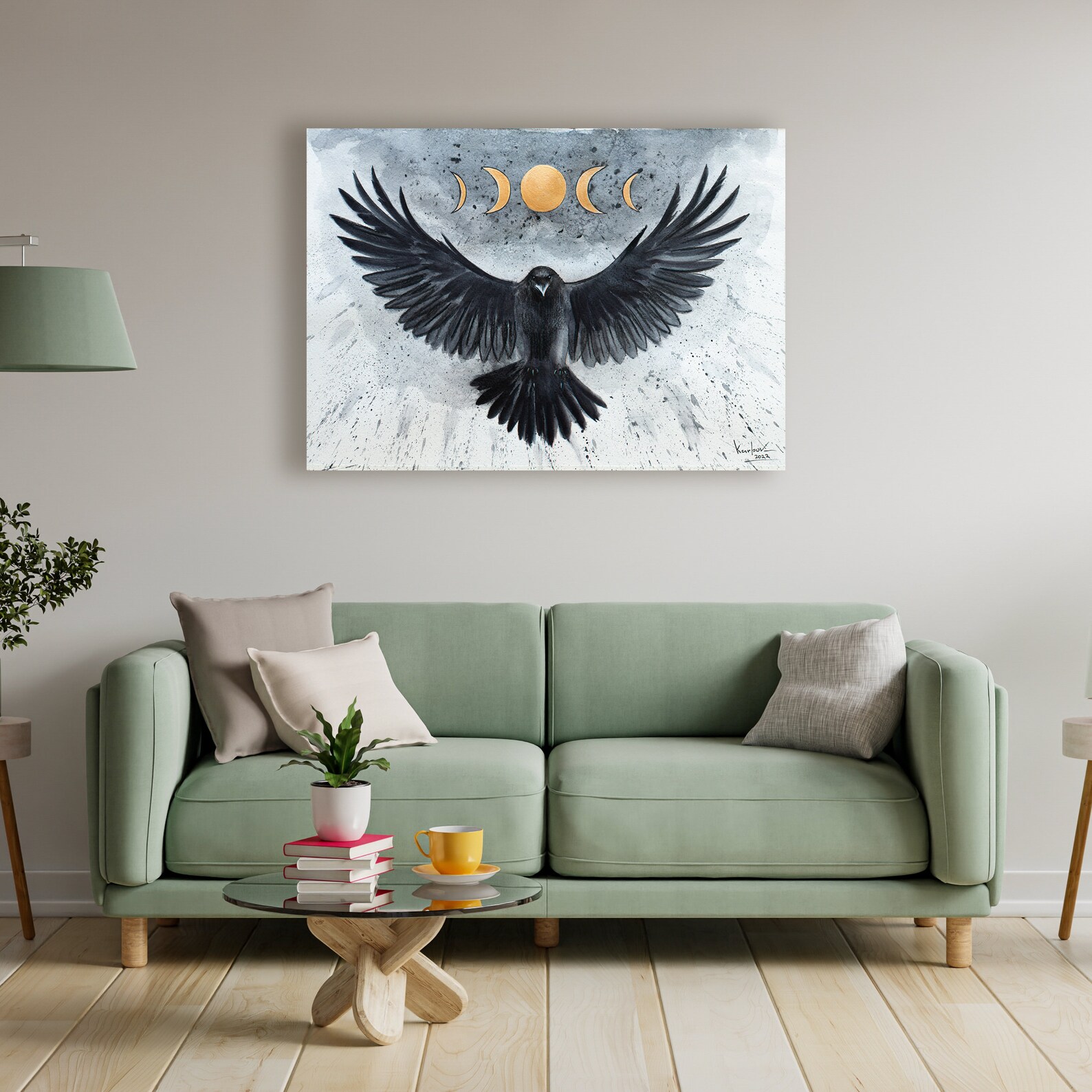 Black Raven & Golden Moon Phases Art Print Flying Raven - Etsy