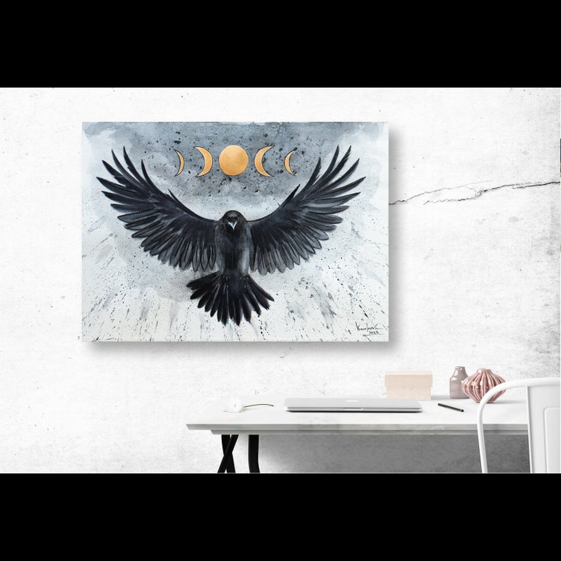 Black Raven & Golden Moon Phases Art Print Flying Raven - Etsy