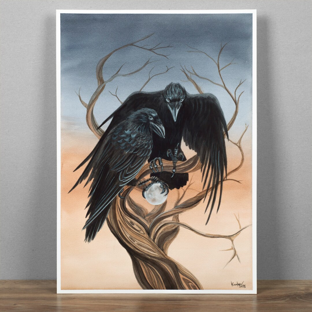 Original Hugin & Munin Holding Moon, Watercolor Painting Handmade Black ...