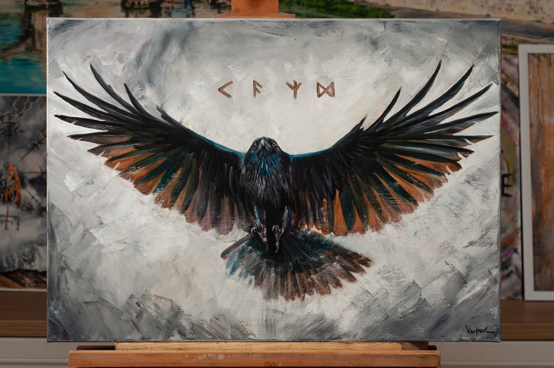 Raven & Runes Original Oil Canvas Painting - Black Crow Bird, Magic ...