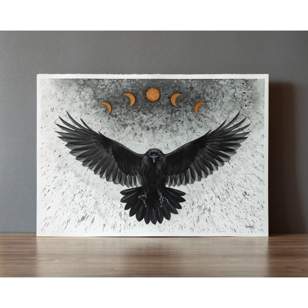 Raven & Moon Phases - Original Watercolor Painting, Handmade Gothic ...