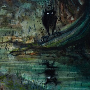 Creepy Night in Spring Forest Original Watercolor Painting, Handmade ...