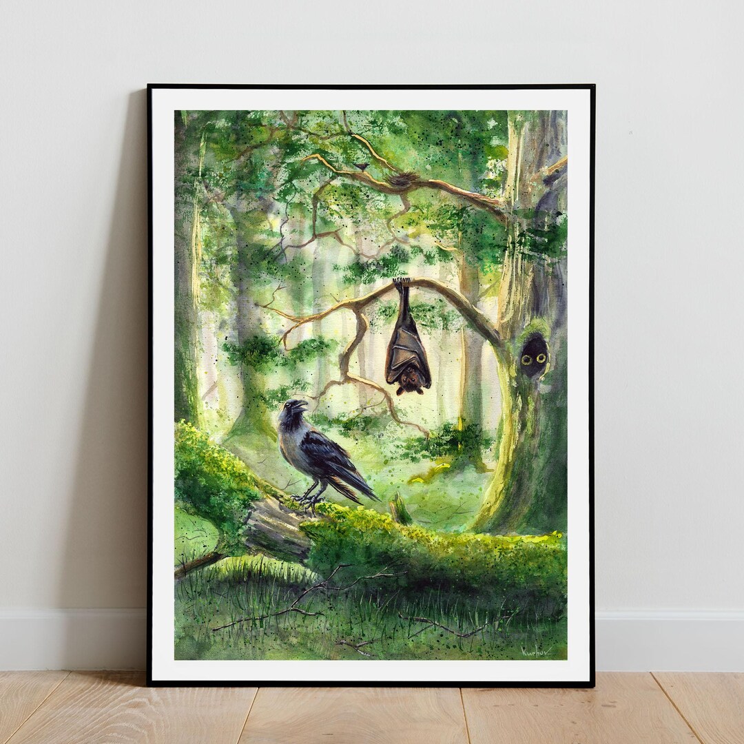 Crow & Bat - Paper Art Print From Hand-paintd Watercolor Artwork - Etsy
