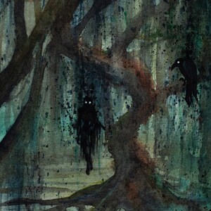 Creepy Night in Spring Forest Original Watercolor Painting, Handmade ...
