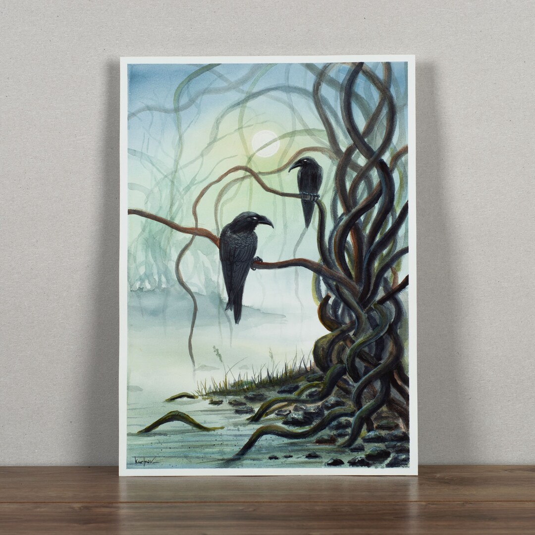 Ravens on Foggy River - Original Watercolor Painting, Handmade Moody ...
