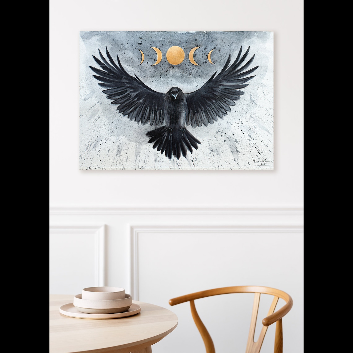 Black Raven & Golden Moon Phases Art Print Flying Raven - Etsy