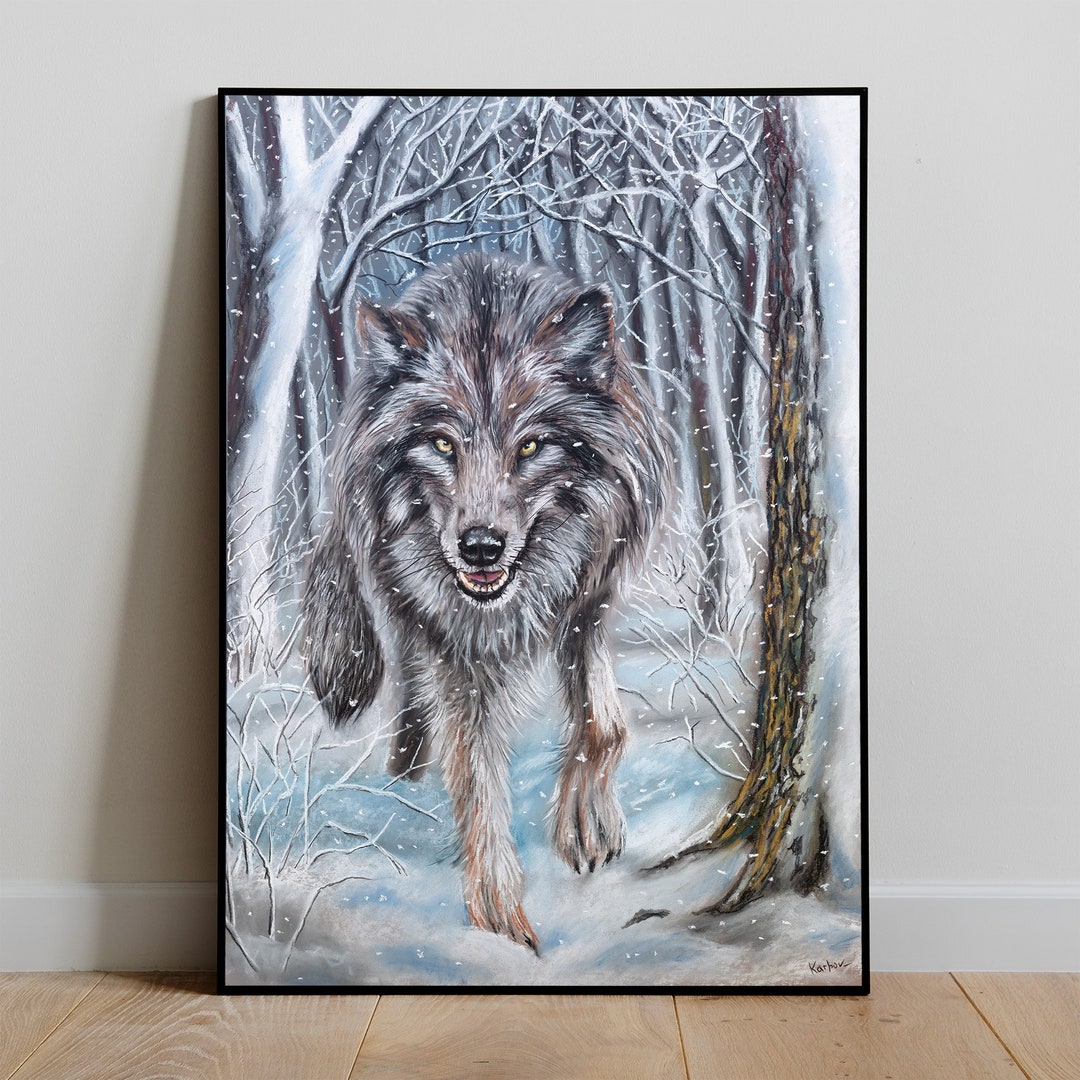 Winter Wolf - Canvas & Paper Fine Art Print, Handmade Pastels Drawing ...