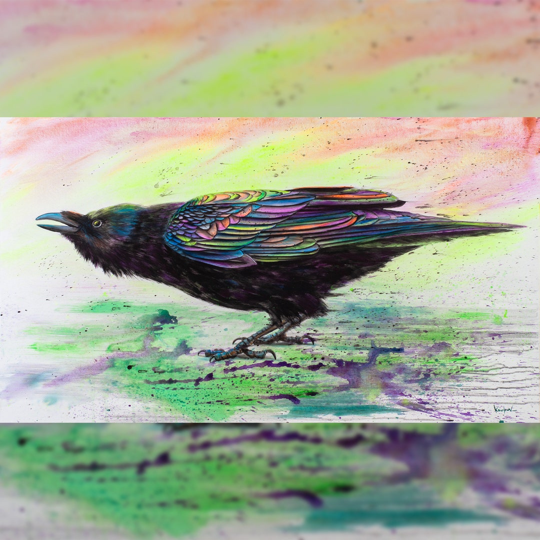 37x20in Original Canvas Painting - Neon Black Raven, Handmade Bright ...