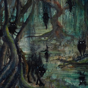 Creepy Night in Spring Forest Original Watercolor Painting, Handmade ...