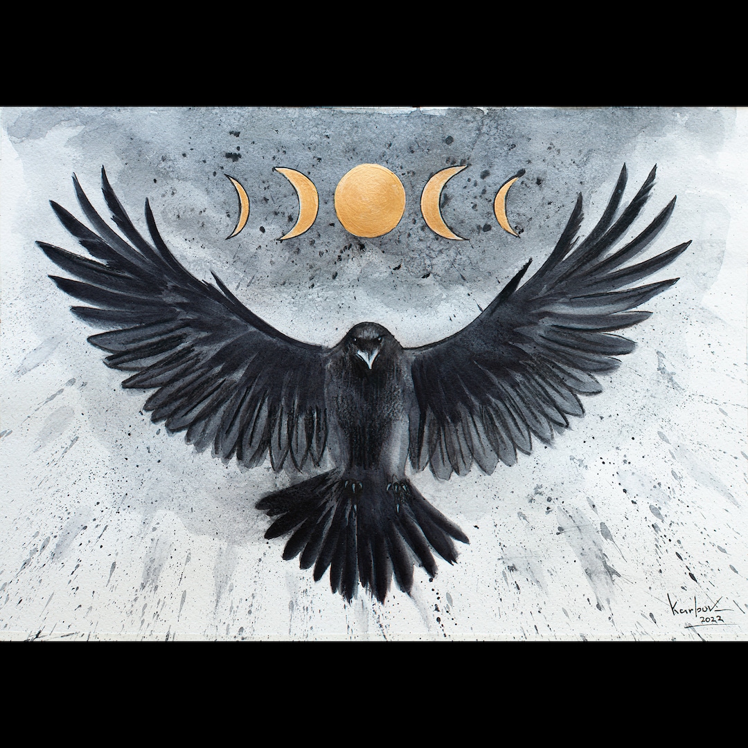 Black Raven & Golden Moon Phases - Art Print, Flying Raven Watercolor ...