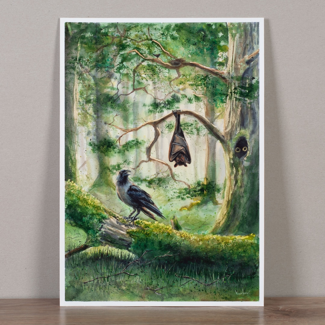 Original Watercolor Painting - Crow & Bat in the Forest - Etsy