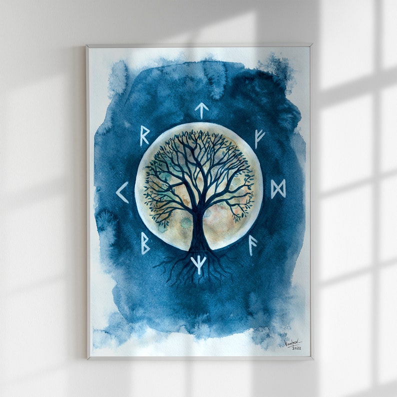 Rune Circle Full Moon Tree of Life Art Print Watercolor - Etsy