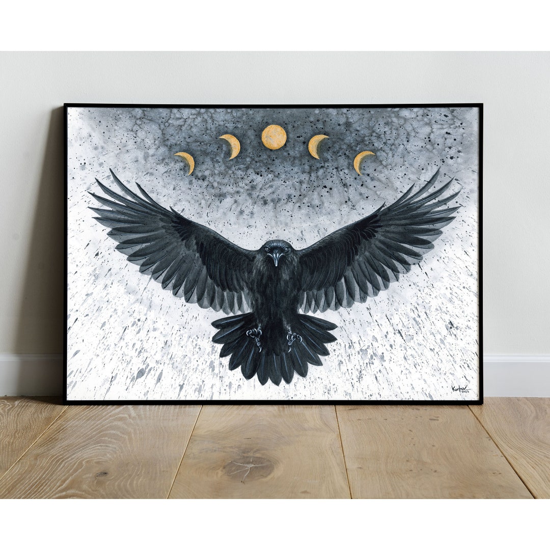 Raven & Moon Phases - Canvas Fine Art Print, Handmade Watercolor ...