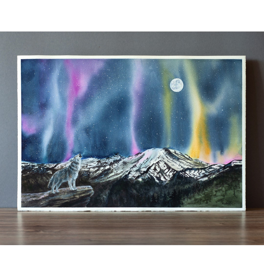 Lone Wolf Howling, Northern Lights - Original Watercolor Painting ...