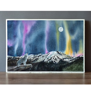 Lone Wolf Howling, Northern Lights - Original Watercolor Painting ...