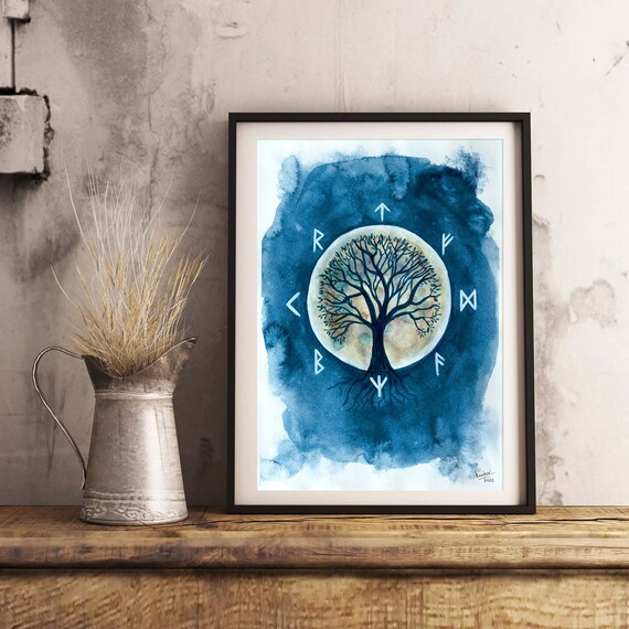 Rune Circle Full Moon Tree of Life Art Print Watercolor - Etsy