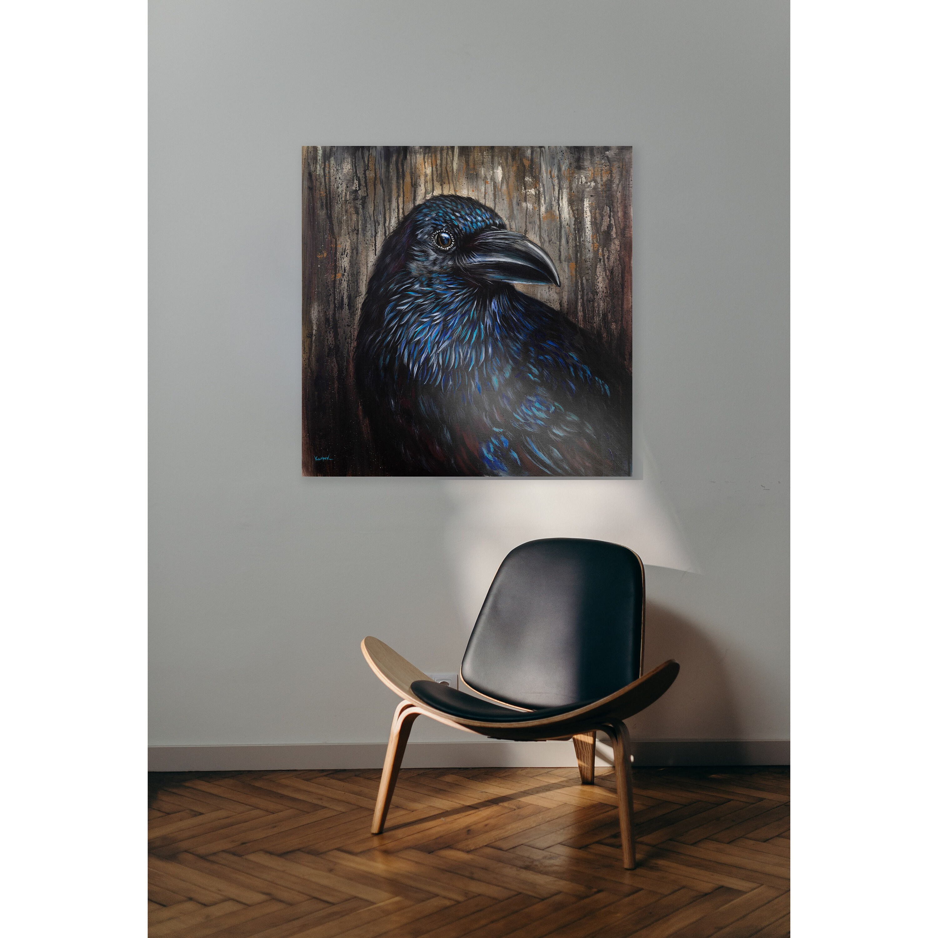Large Original Painting - Black Raven Portrait, Canvas Handmade Crow ...