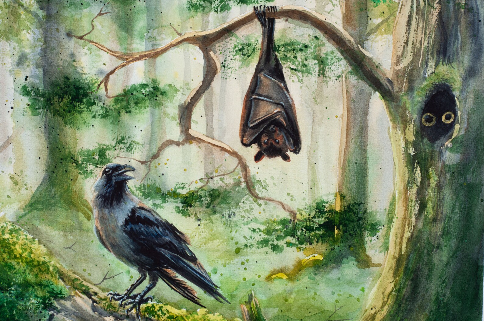 Original Watercolor Painting - Crow & Bat in the Forest - Etsy