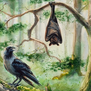 Original Watercolor Painting - Crow & Bat in the Forest - Etsy
