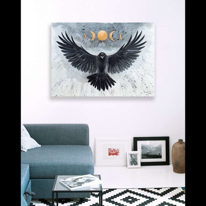 Black Raven & Golden Moon Phases Art Print Flying Raven - Etsy