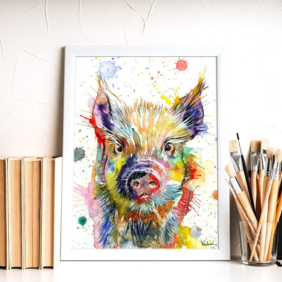 Colorful Pig Printable Watercolor Painting, Hand Painted Farm Animal ...