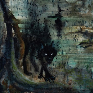 Creepy Night in Spring Forest Original Watercolor Painting, Handmade ...