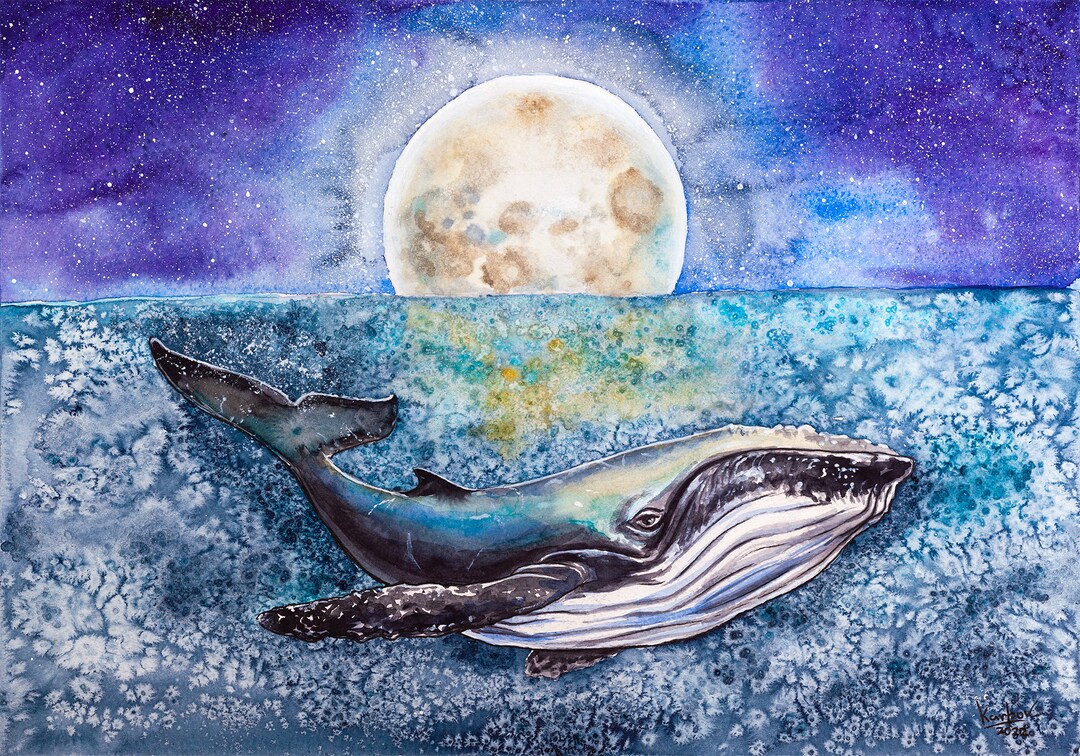 Humpback Whale Moon Watercolor Painting - Art Print, Sealife Underwater ...