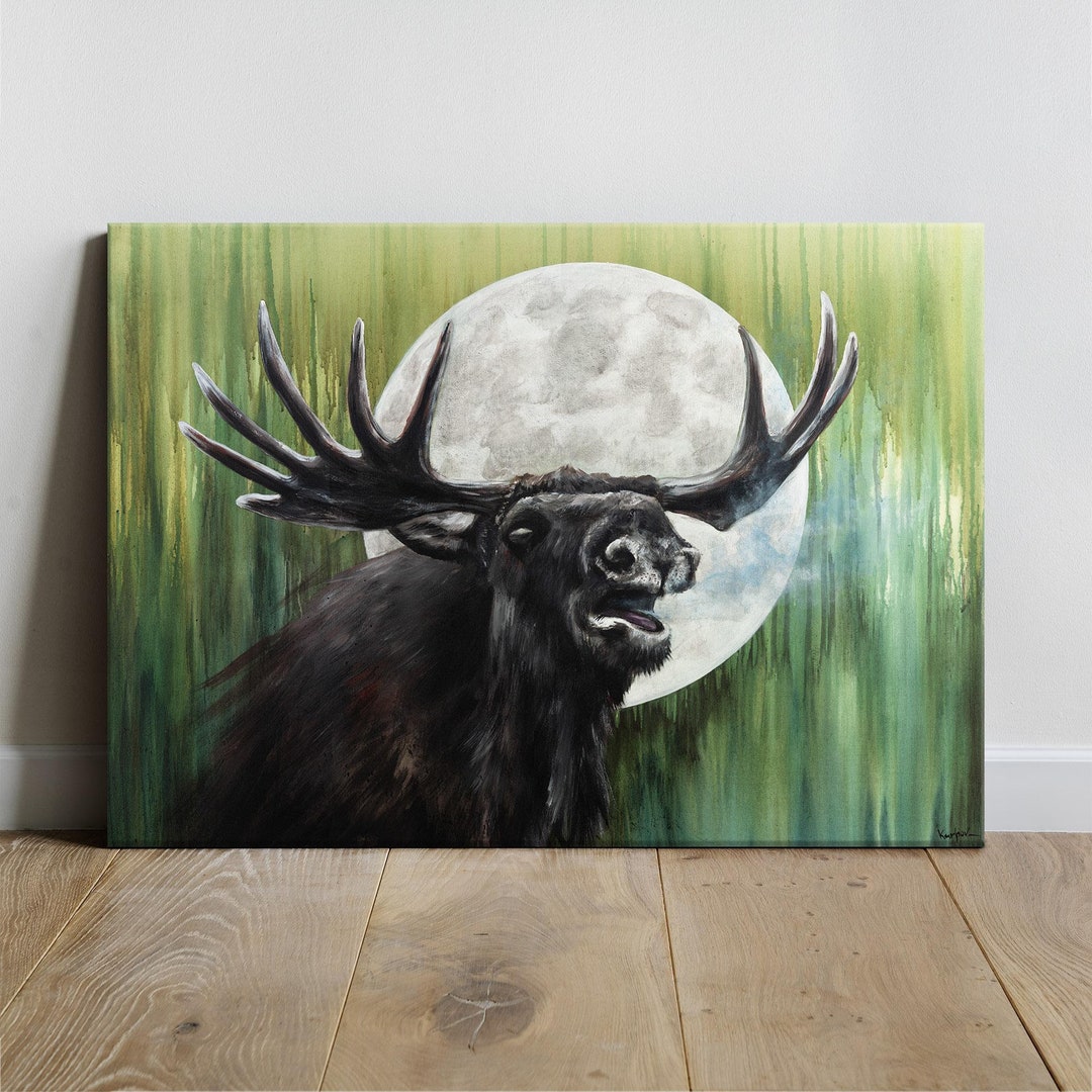 Howling Moose, Full Moon Canvas & Paper Fine Art Print, Giclee From ...