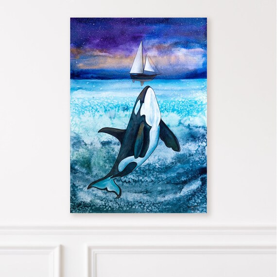 Orca Watercolor Painting Art Print Sealife Killer Whale - Etsy