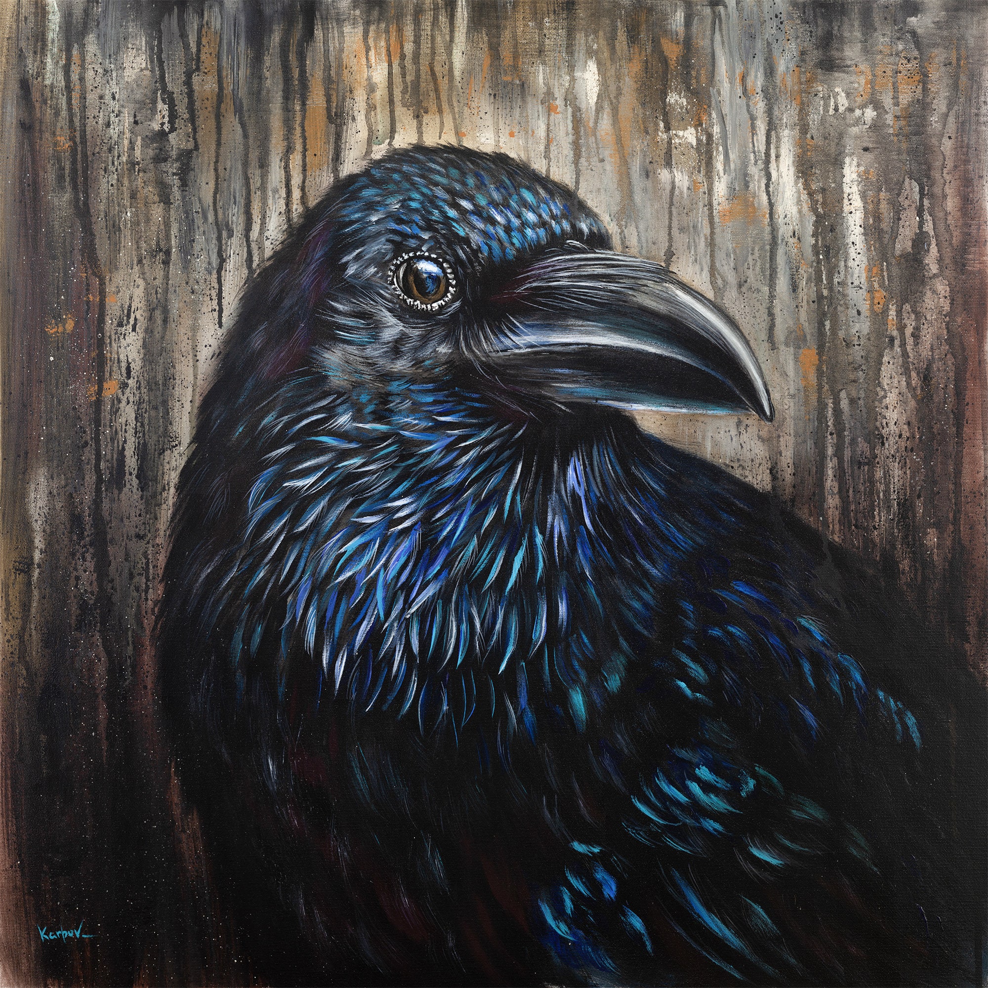 Large Original Painting - Black Raven Portrait, Canvas Handmade Crow ...