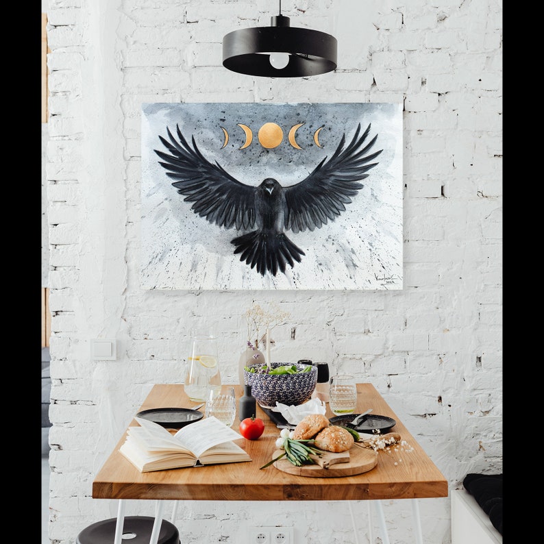 Black Raven & Golden Moon Phases Art Print Flying Raven - Etsy