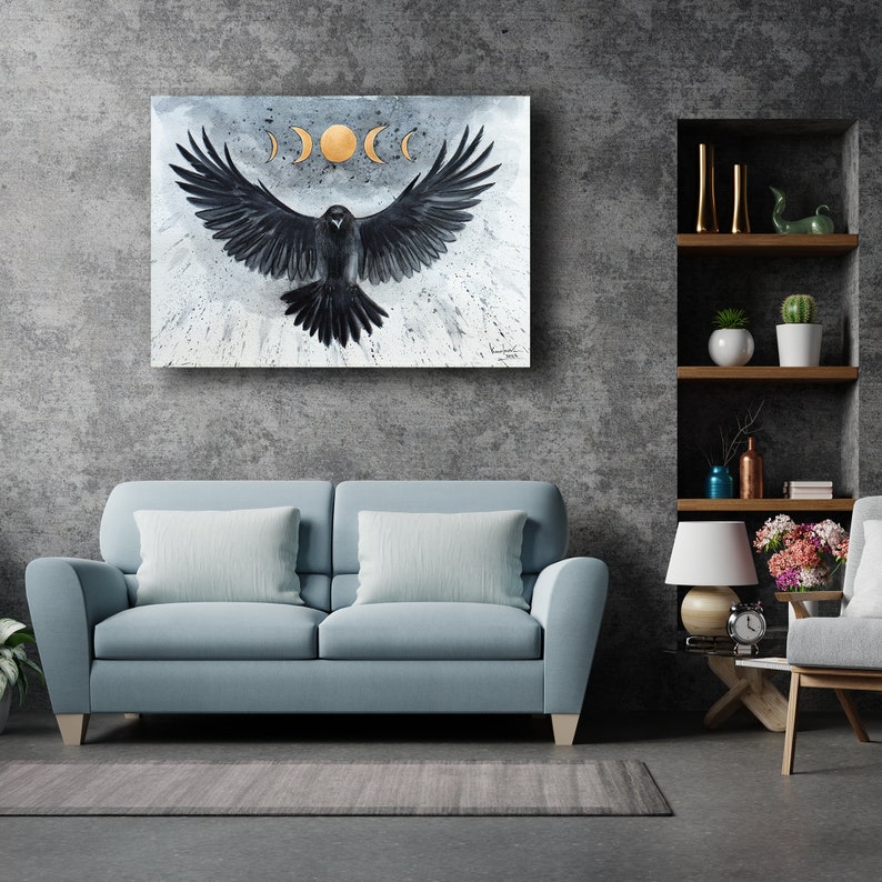 Black Raven & Golden Moon Phases Art Print Flying Raven - Etsy