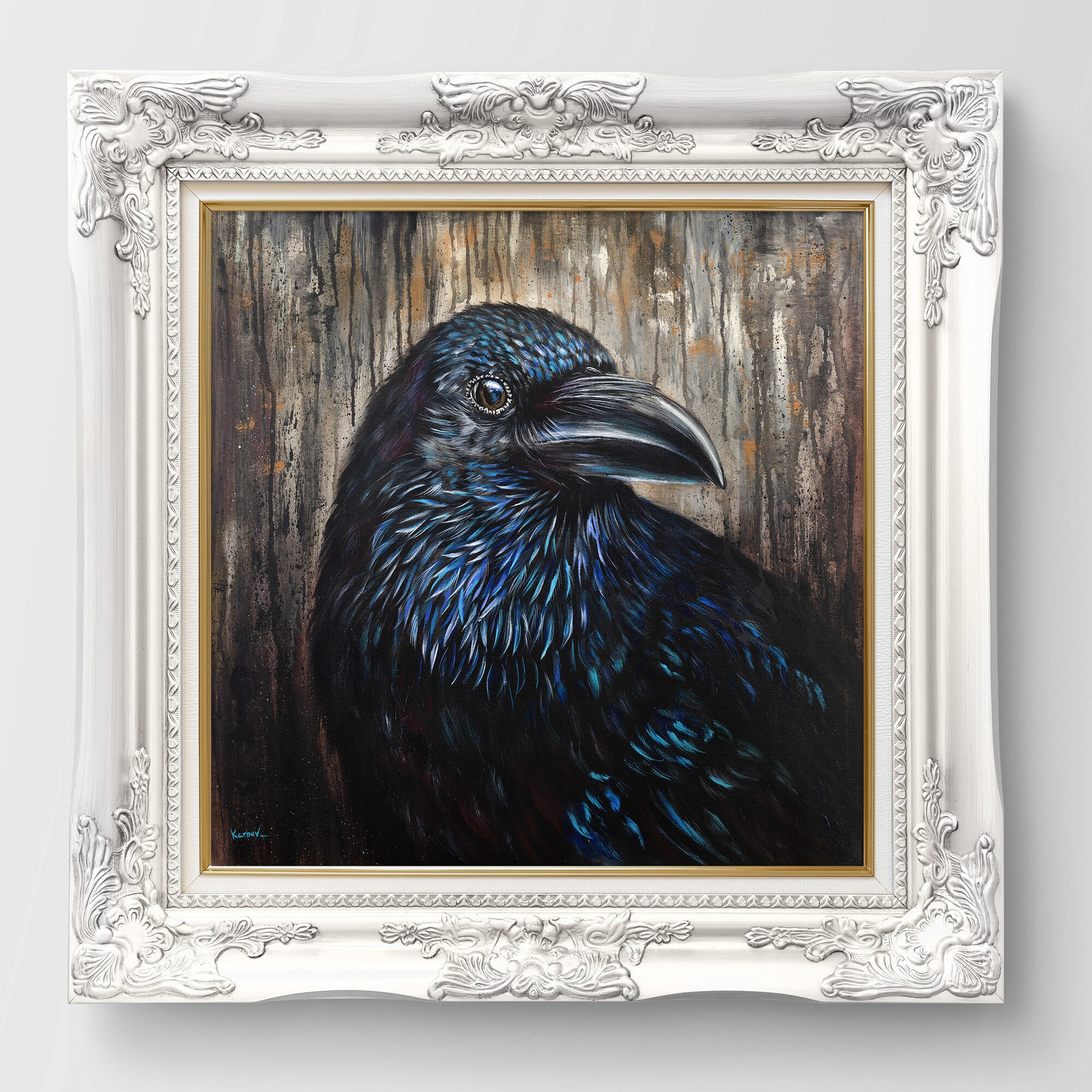 Large Original Painting - Black Raven Portrait, Canvas Handmade Crow ...