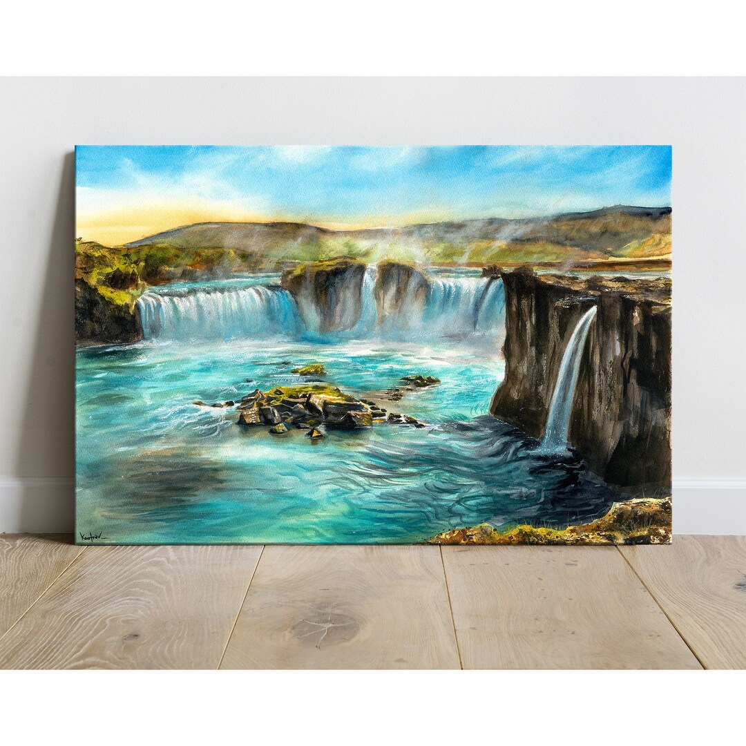Watercolor Waterfall - Canvas Art Print, Handmade Painting, Godafoss ...