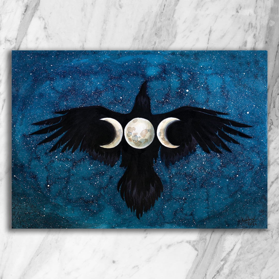 Black Raven & Triple Moon Phases - Canvas Art Print, Flying Crow ...