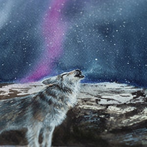 Lone Wolf Howling, Northern Lights - Original Watercolor Painting ...