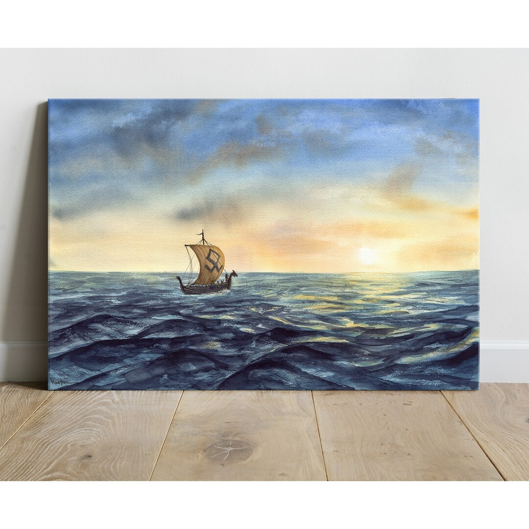 Drakkar Sunrise - Canvas Fine Art Print, Watercolor Stormy Sea Viking ...