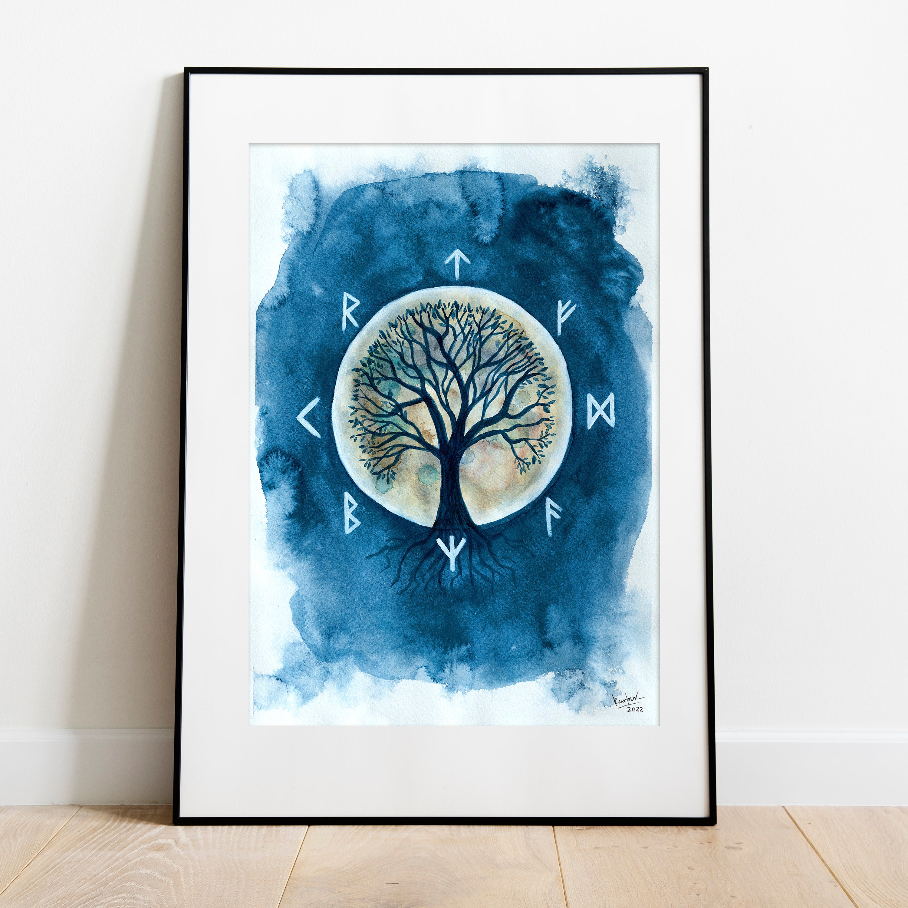 Rune Circle Full Moon Tree of Life Art Print Watercolor - Etsy