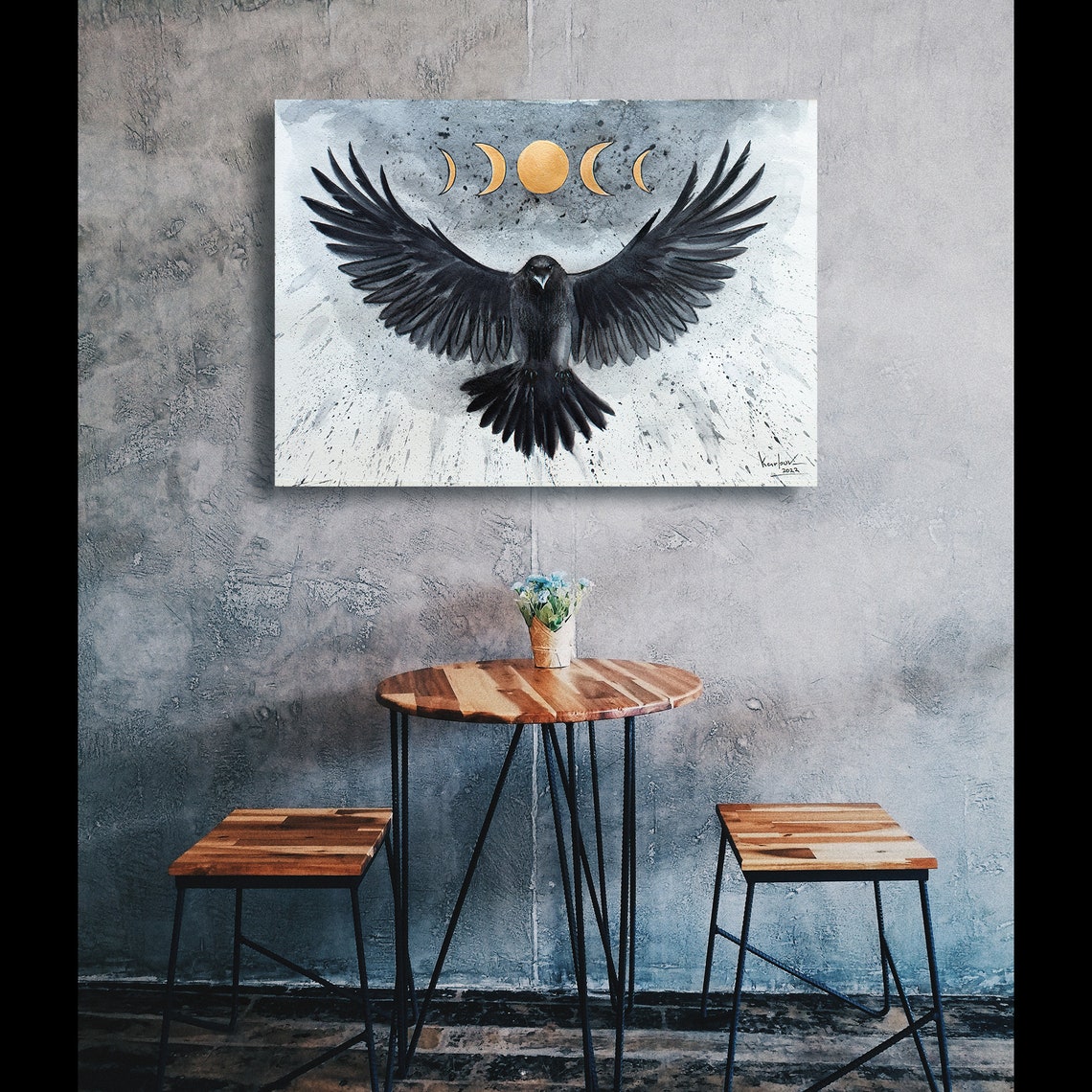 Black Raven & Golden Moon Phases Art Print Flying Raven - Etsy