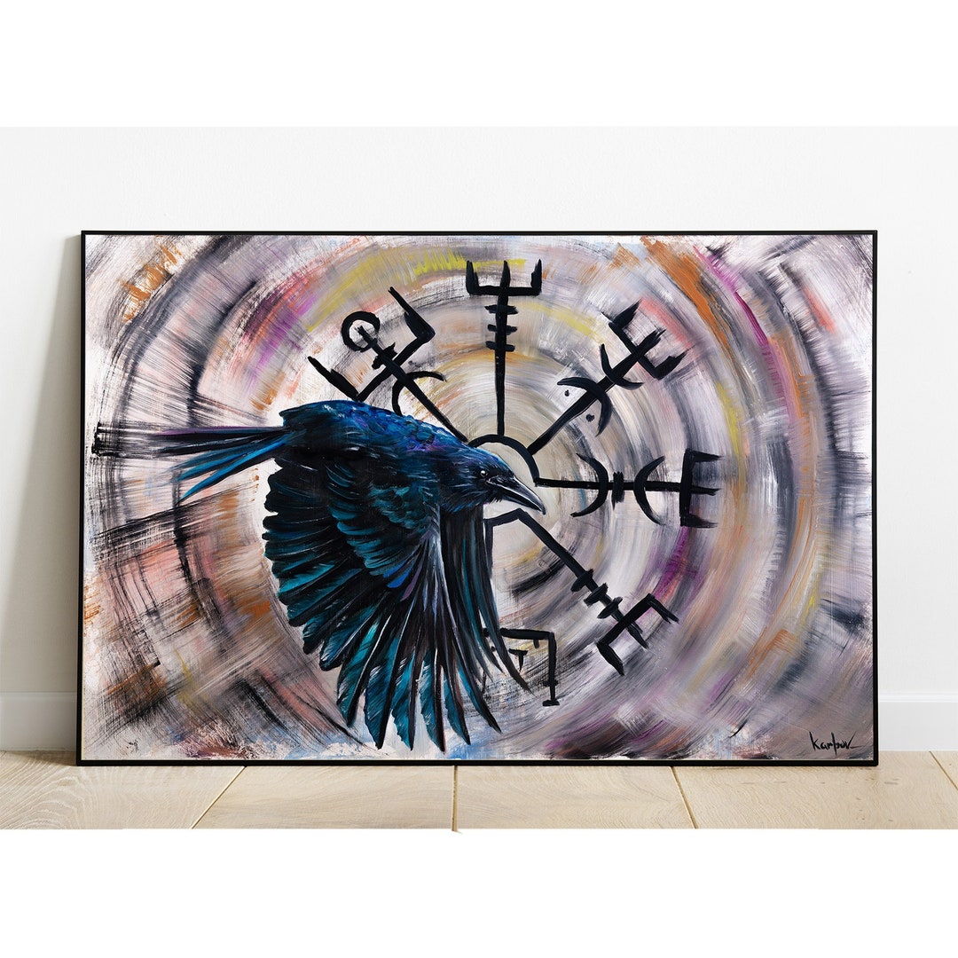 Raven & Vegvisir Oil Painting - Canvas and Paper Fine Art Print, Runic ...